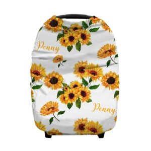 personalized yellow sunflower baby car seat covers with name, custom nursing cover breastfeeding for babies, carseat canopy for boys and girls, infant stroller cover, breathable carseat cover