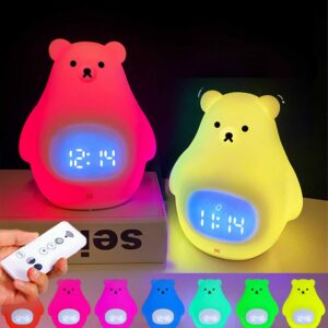 xenyyi bear lamp - night light with alarm clock, remote control, and 7 light modes，nursery night light，motion activated night light，silicone portable nursery lamp