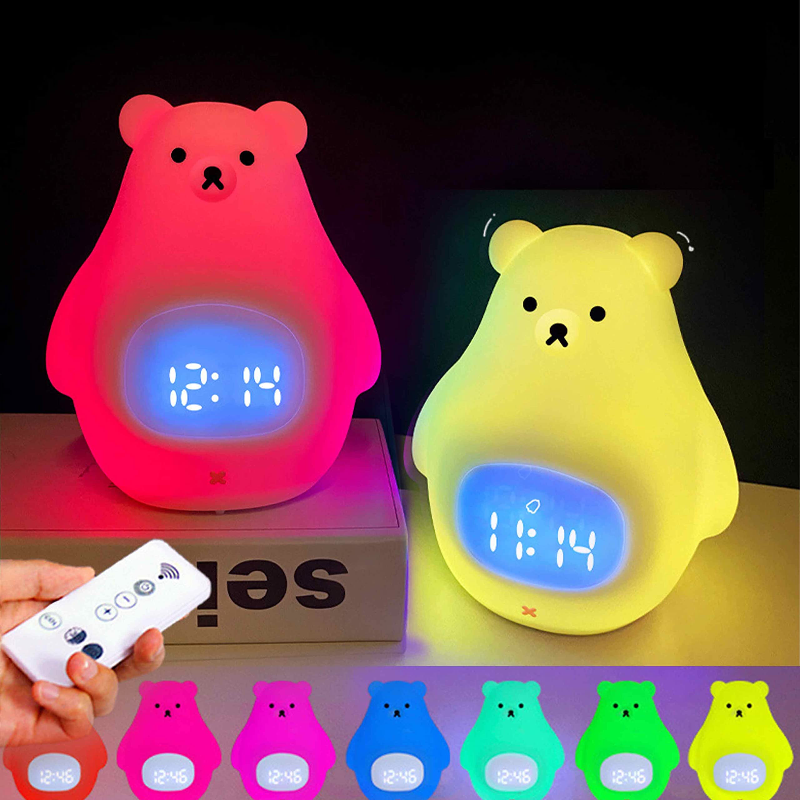 XENYYI Bear Lamp - Night Light with Alarm Clock, Remote Control, and 7 Light Modes，Nursery Night Light，Motion Activated Night Light，Silicone Portable Nursery Lamp