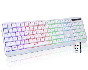 klim chroma wireless gaming keyboard rgb - long-lasting rechargeable battery - quick and quiet typing - water resistant backlit wireless keyboard for pc ps5 ps4 xbox one mac - white (renewed)