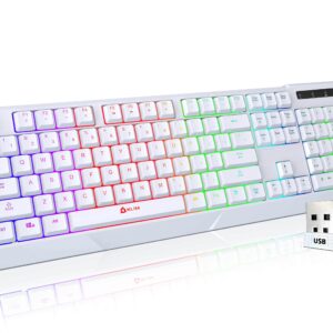 Klim Chroma Wireless Gaming Keyboard RGB - Long-Lasting Rechargeable Battery - Quick and Quiet Typing - Water Resistant Backlit Wireless Keyboard for PC PS5 PS4 Xbox One Mac - White (Renewed)