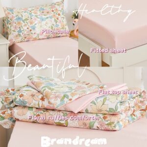 Brandream Toddler Bedding Set Girls Pink Floral Comforter Sheet Set 4 Piece Bed in A Bag Farmhouse Kids Baby Bedding with Fitted Sheet Flat Sheet Pillowcase, Luxury Design