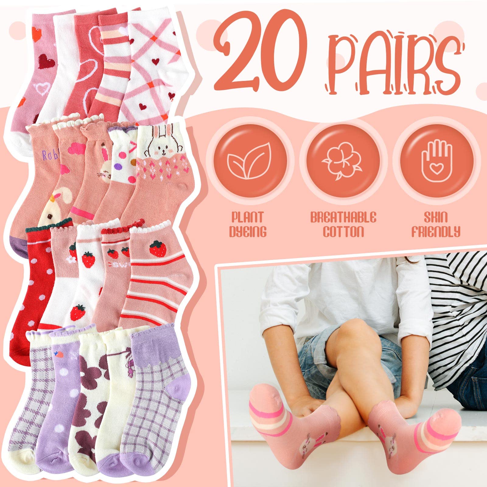 Bencailor 20 Pairs Cartoon Pattern Crew Socks Cute Patterns Ruffle Crew Socks Cotton Cute Socks for Kids Girls (Ages 6-8)