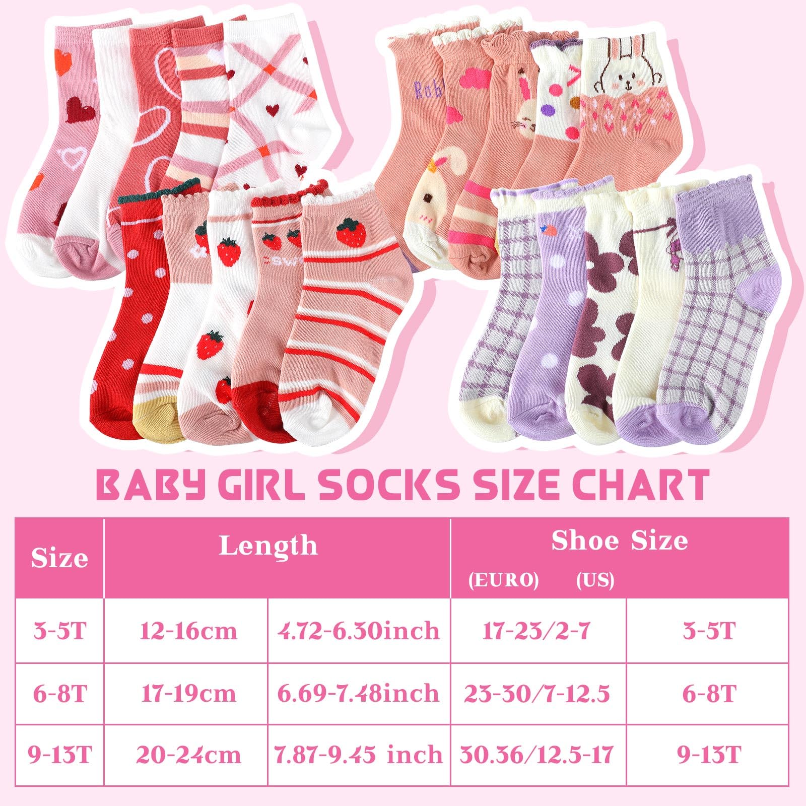 Bencailor 20 Pairs Cartoon Pattern Crew Socks Cute Patterns Ruffle Crew Socks Cotton Cute Socks for Kids Girls (Ages 6-8)