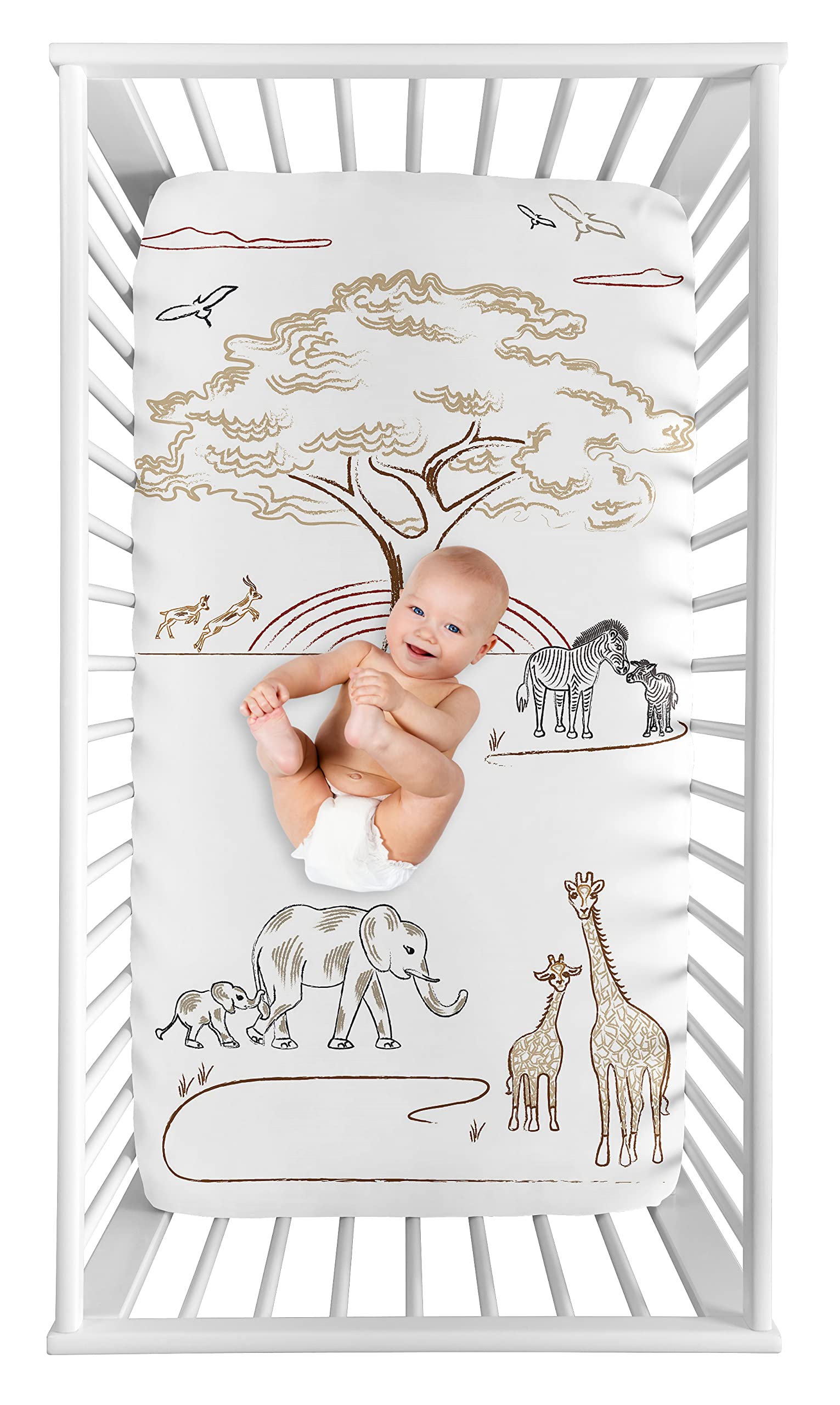 Sweet Jojo Designs Jungle Safari Animals Boy Girl Fitted Crib Sheet Baby Toddler Bed Nursery Photo Op Brown Taupe Black and White Gender Neutral Animal Elephant Giraffe Wildlife Adventure Serengeti