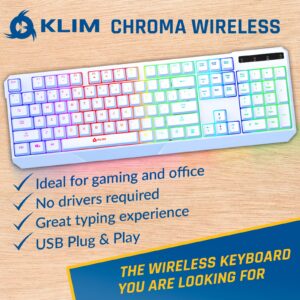 Klim Chroma Wireless Gaming Keyboard RGB - Long-Lasting Rechargeable Battery - Quick and Quiet Typing - Water Resistant Backlit Wireless Keyboard for PC PS5 PS4 Xbox One Mac - White (Renewed)