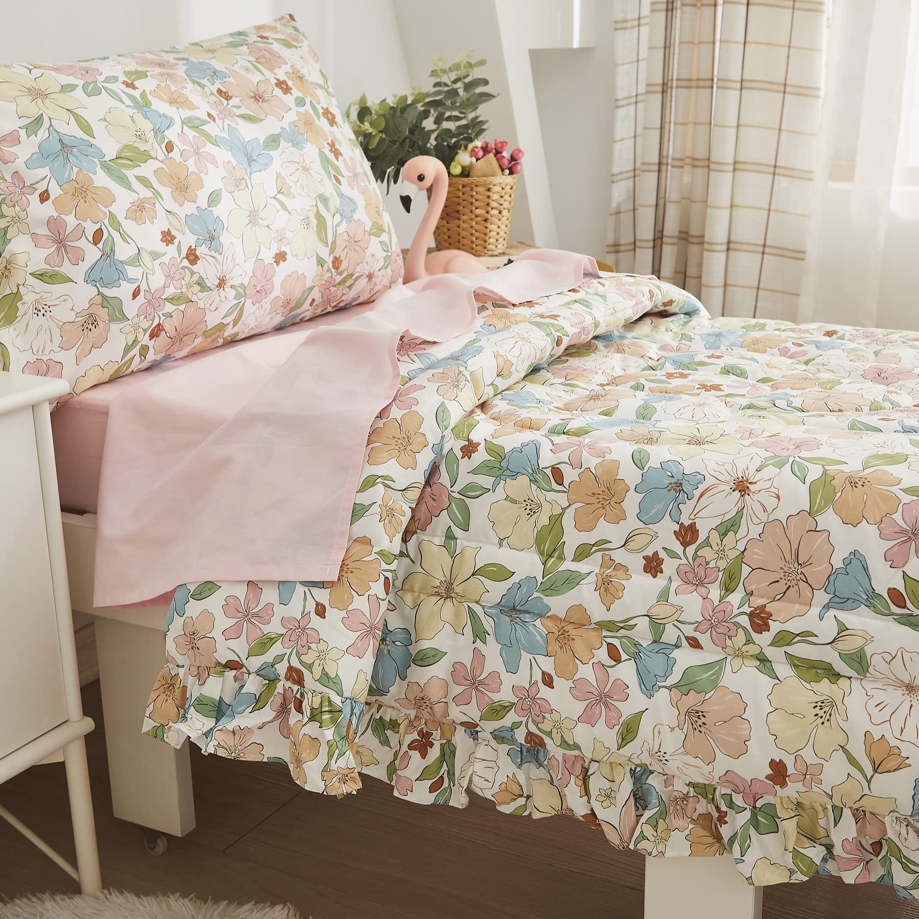 Brandream Toddler Bedding Set Girls Pink Floral Comforter Sheet Set 4 Piece Bed in A Bag Farmhouse Kids Baby Bedding with Fitted Sheet Flat Sheet Pillowcase, Luxury Design