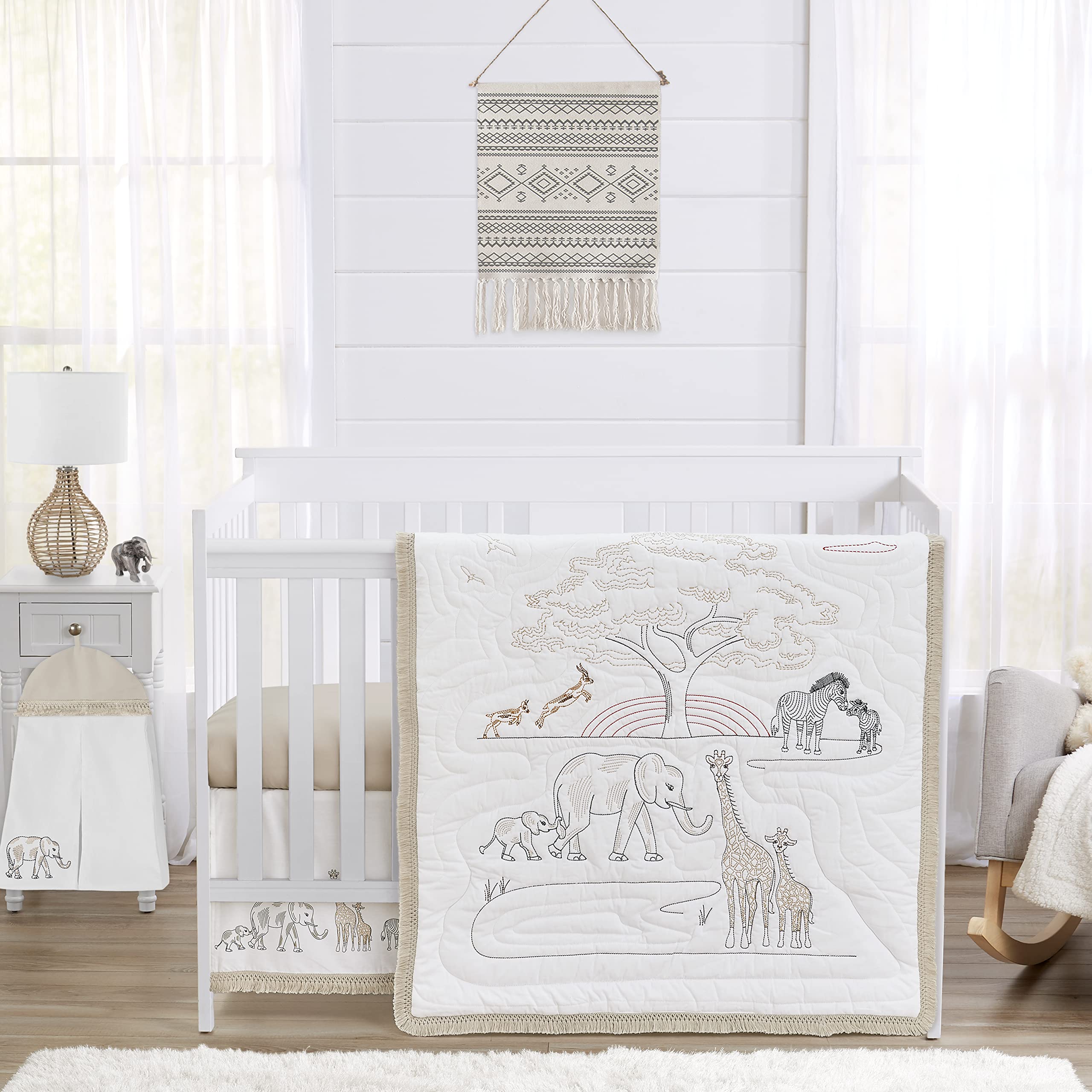 Sweet Jojo Designs Jungle Safari Animals Baby Boy Girl Nursery Crib Bedding Set Beige Brown Taupe Black and White Gender Neutral Animal Elephant Giraffe Wildlife Adventure Serengeti