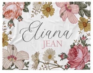 personalized baby girl blanket with name vintage floral custom baby blanket, gift for baby shower, vintage baby blanket, nursery blanket, crib blanket