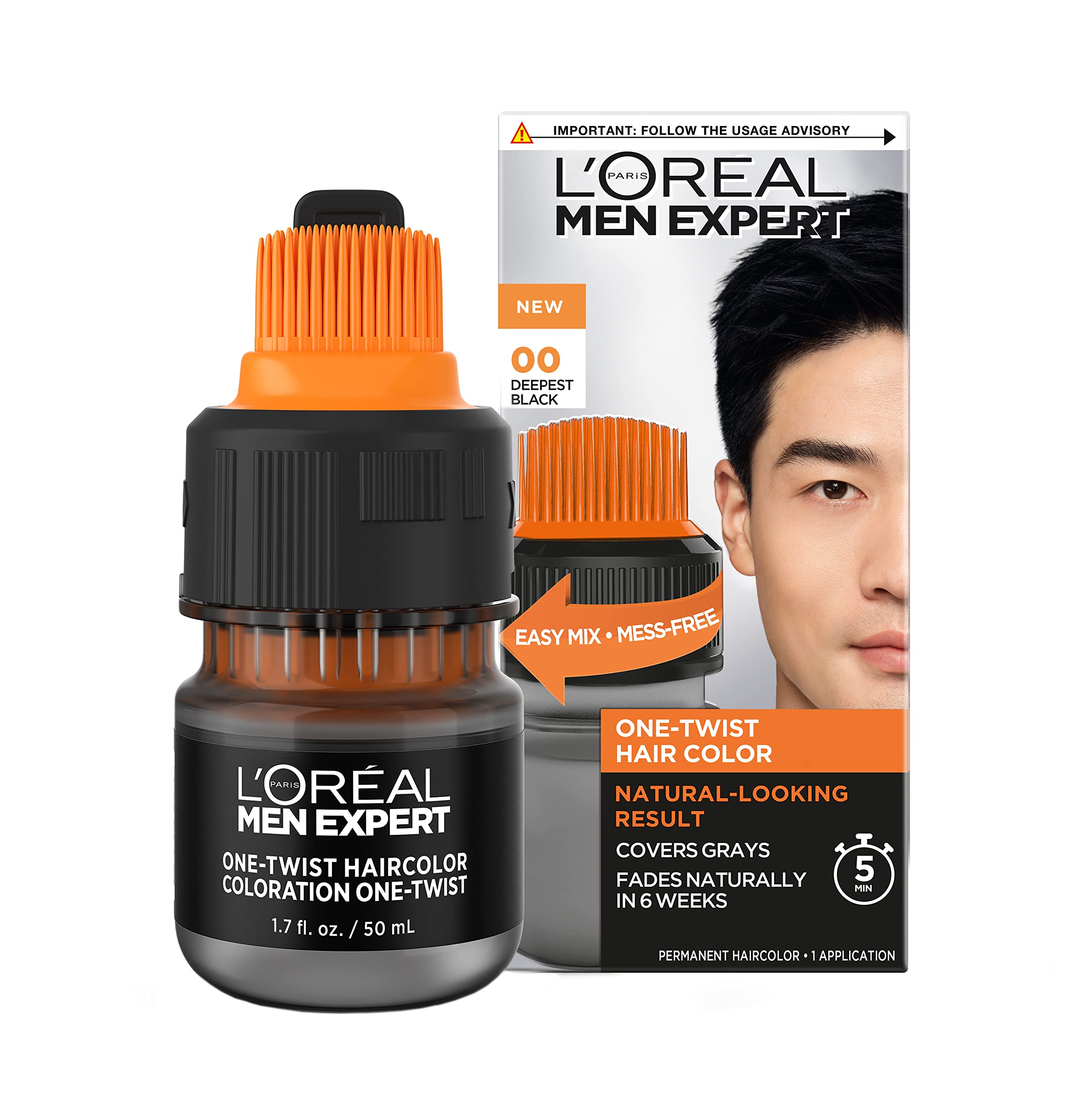 L’Oreal Paris Men Expert One Twist Mess Free Permanent Hair Color, Mens Hair Dye to Cover Grays, Easy Mix Ammonia Free Application, Deepest Black 00, 1 Application Kit