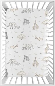 sweet jojo designs jungle safari animals boy girl fitted mini crib sheet baby nursery portable crib pack play brown taupe black and white gender neutral elephant giraffe wildlife adventure serengeti