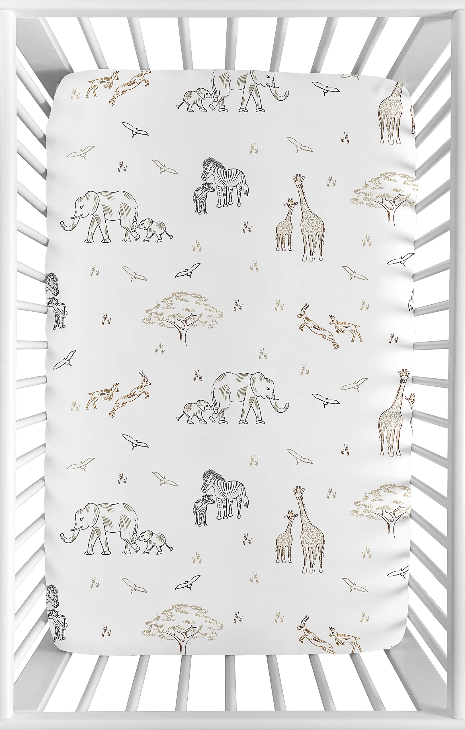 Sweet Jojo Designs Jungle Safari Animals Boy Girl Fitted Mini Crib Sheet Baby Nursery Portable Crib Pack Play Brown Taupe Black and White Gender Neutral Elephant Giraffe Wildlife Adventure Serengeti