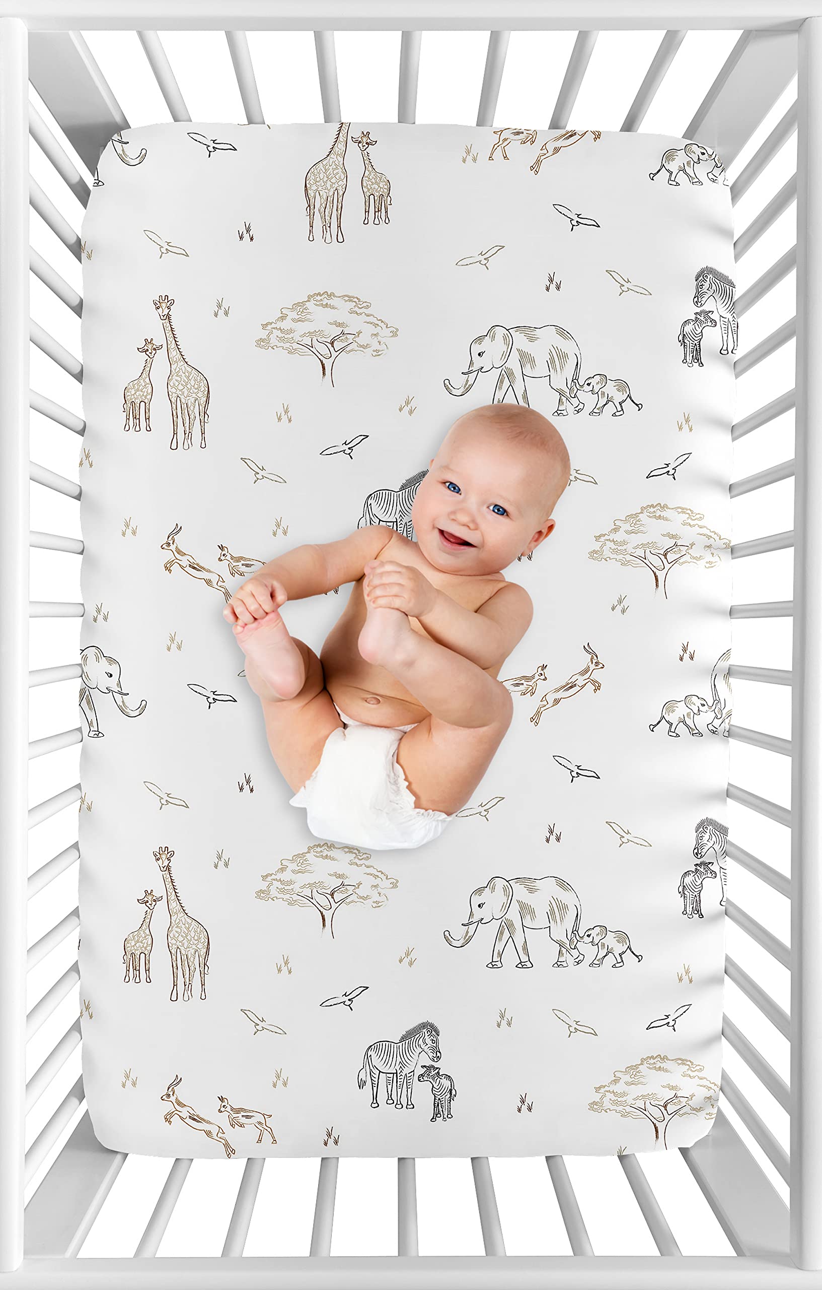 Sweet Jojo Designs Jungle Safari Animals Boy Girl Fitted Mini Crib Sheet Baby Nursery Portable Crib Pack Play Brown Taupe Black and White Gender Neutral Elephant Giraffe Wildlife Adventure Serengeti