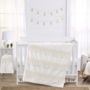 sweet jojo designs ivory gender neutral bohemian boho baby girl boy nursery crib bedding set solid color beige cream off white chic unisex farmhouse minimalist macrame trim tassel fringe cotton - 4pc