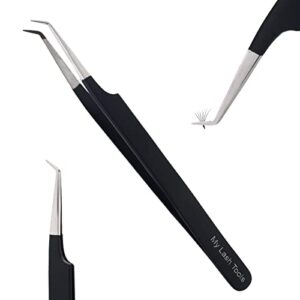 my lash tools fiber tip lash tweezers for eyelash extension curved 45 degree angled tweezer best for volume, individual isolation & classic lashes stainless steel lash supplies (matte black)