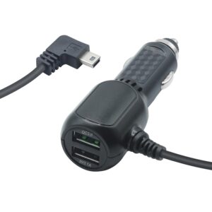 dash cam mini usb power cable, right angle 90 degree mini usb with dual usb port fast power supply, for 12v-24v car and truck dash cam, gps navigator, mp3 player and other usb devices