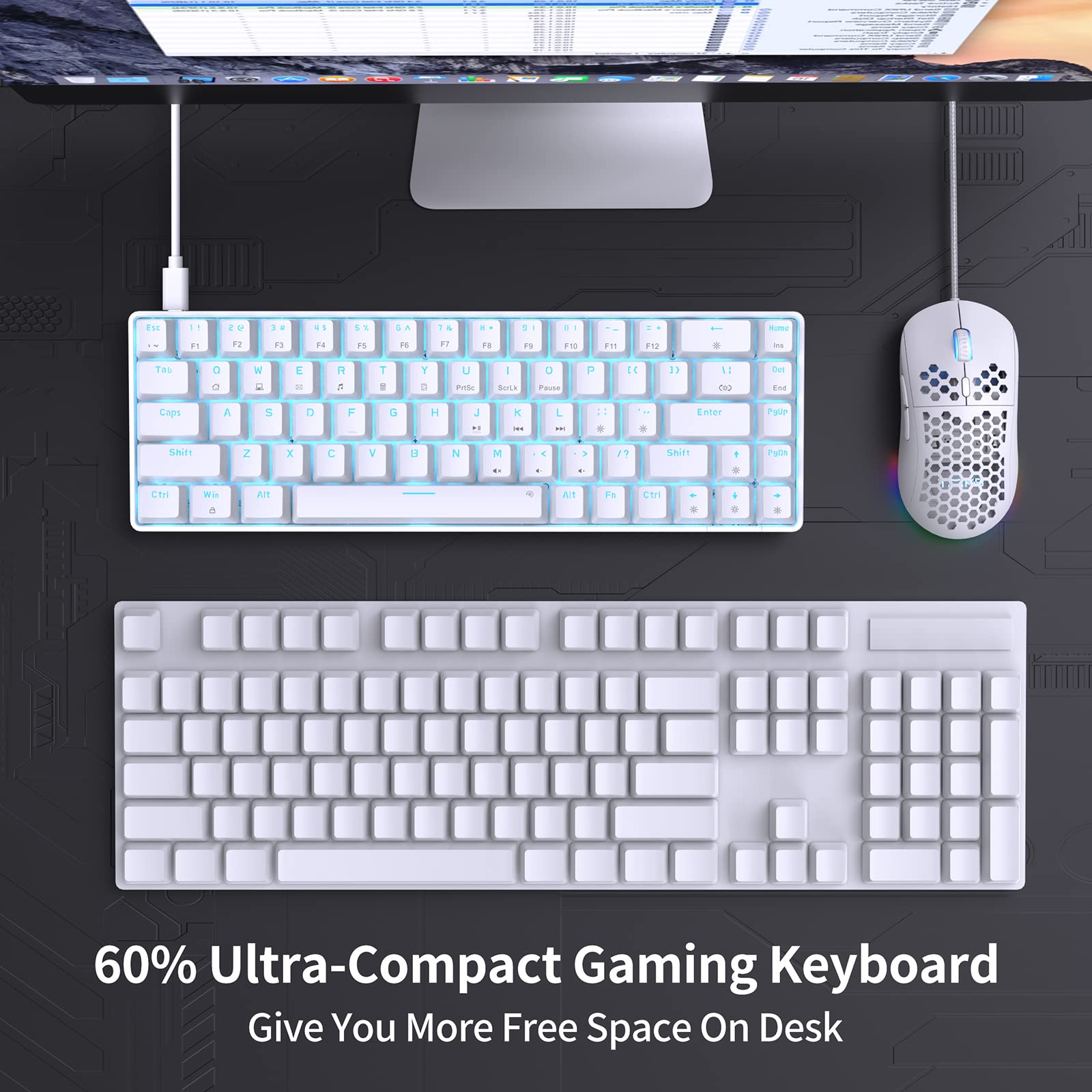 DIERYA T68SE 60% Gaming Mechanical Keyboard,Ultra Compact Mini 68 Key with Blue Switches Wired Keyboard,Anti-Ghosting Keys, for Windows Laptops and PC Gamers,White