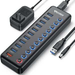 powered usb hub, wenter 11-port usb splitter hub (10 faster data transfer ports+ 1 smart charging port) with individual led on/off switches, usb hub 3.0 powered with power adapter for mac, pc