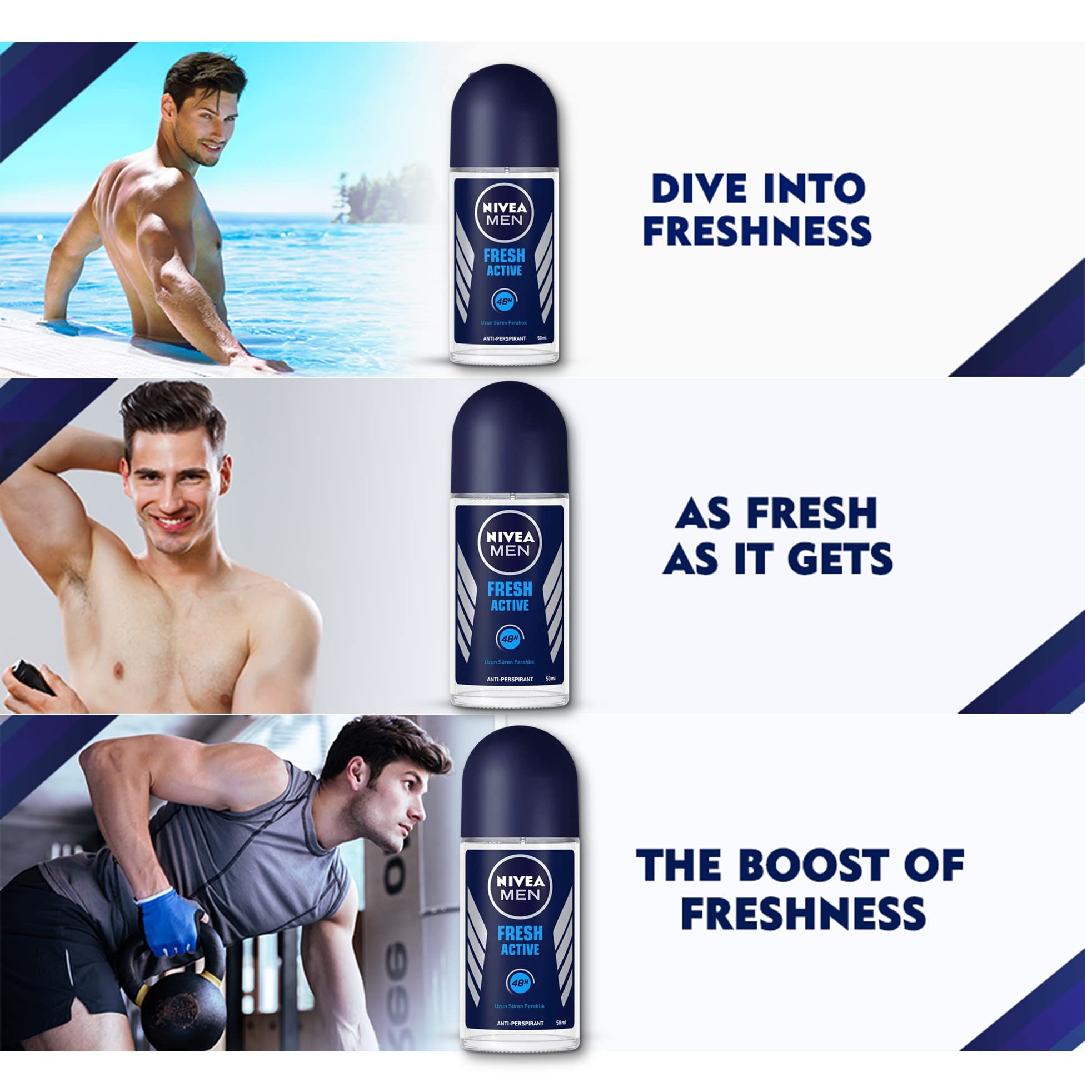 Nivea Men Anti Perspirant Roll On, Fresh Active Longlasting Freshness Ocean Extracts, 48 Hour Protection, 1.7 Ounce (Pack of 3)