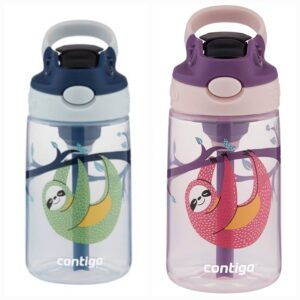 contigo kids water bottle, 14 oz with autospout technology – spill proof, easy-clean lid design – ages 3 plus, top rack dishwasher safe,2-pk purple-pink sloth- blue-green sloth