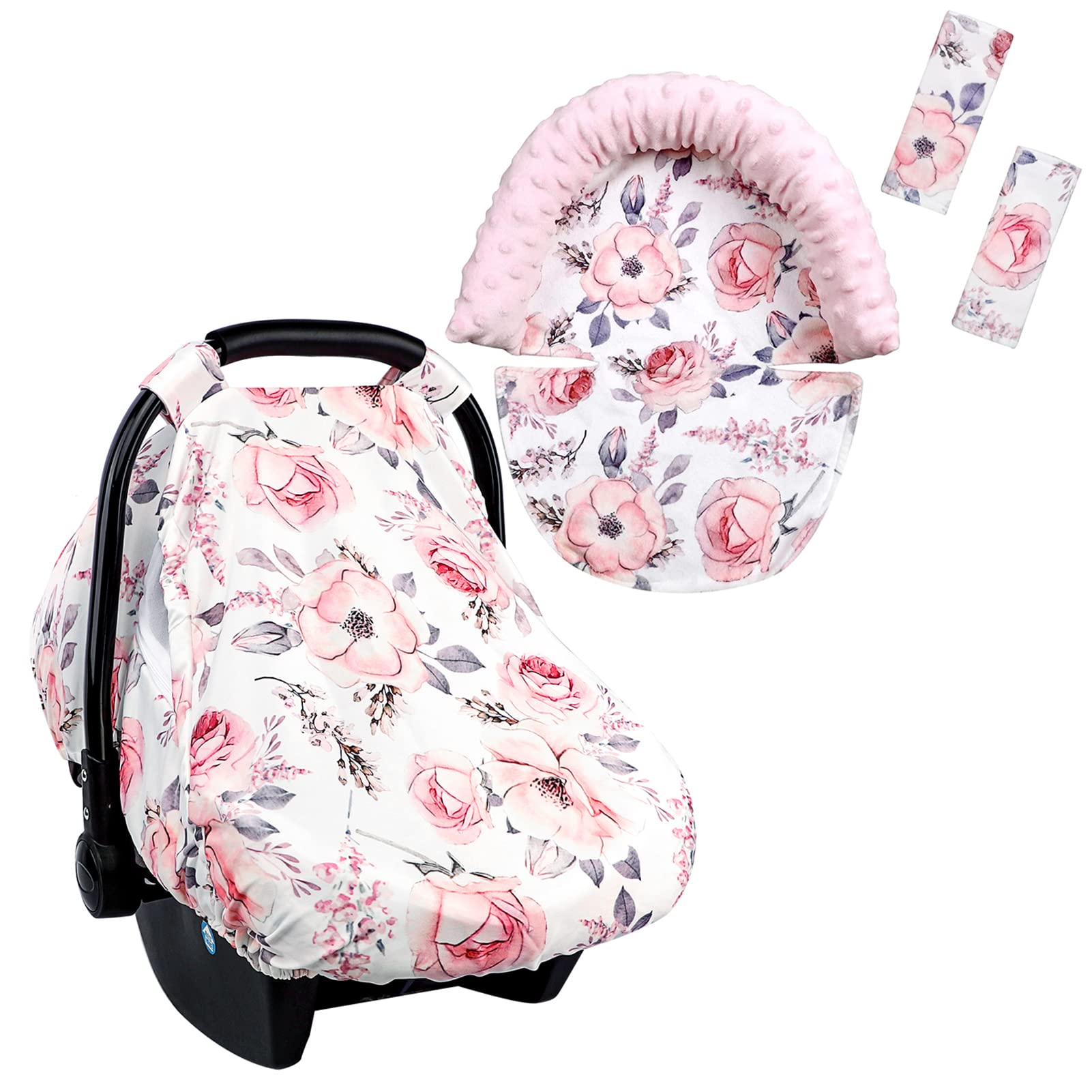 Baby Car Seat Headrest & Strap Cover, Carseat Cover Girls, Watercolor Pink Floral