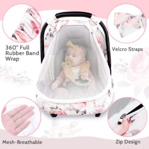 Baby Car Seat Headrest & Strap Cover, Carseat Cover Girls, Watercolor Pink Floral