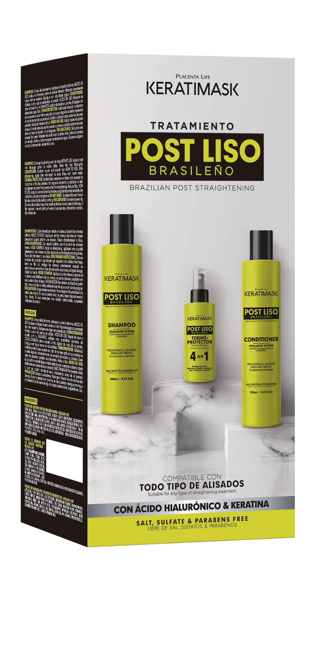 PLACENTA LIFE KERATIMASK Brazilian Straightening Post Kit ( Shampoo (250ml) + Conditioner (250ml) + Heat Protector. Keep Make Your Straightening Last Much Longer