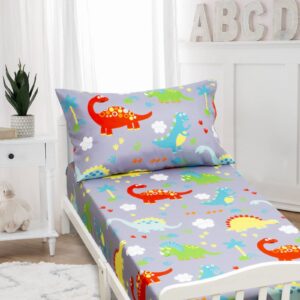 jisen toddler bedding set 2 piece toddler fitted sheet and pillowcase set kids bedding set soft breathable microfiber toddler sheet set for boys girls grey dinosaurs