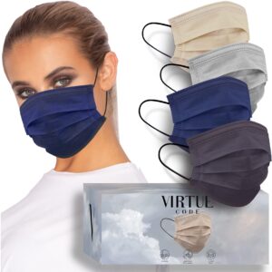 virtue code support face masks - soft 3 ply comfort face masks, colorful disposable face mask 50 pack. grey beige navy blue colored masks. adults mens and womens disposable face masks