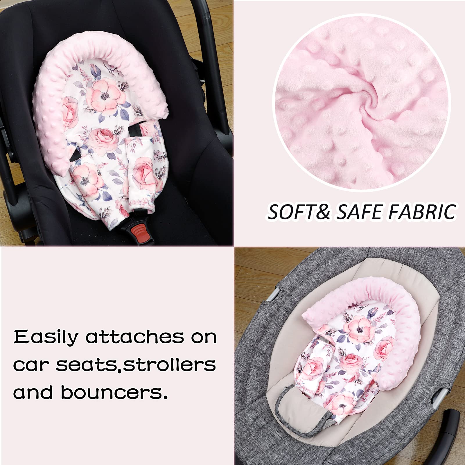 Baby Car Seat Headrest & Strap Cover, Carseat Cover Girls, Watercolor Pink Floral