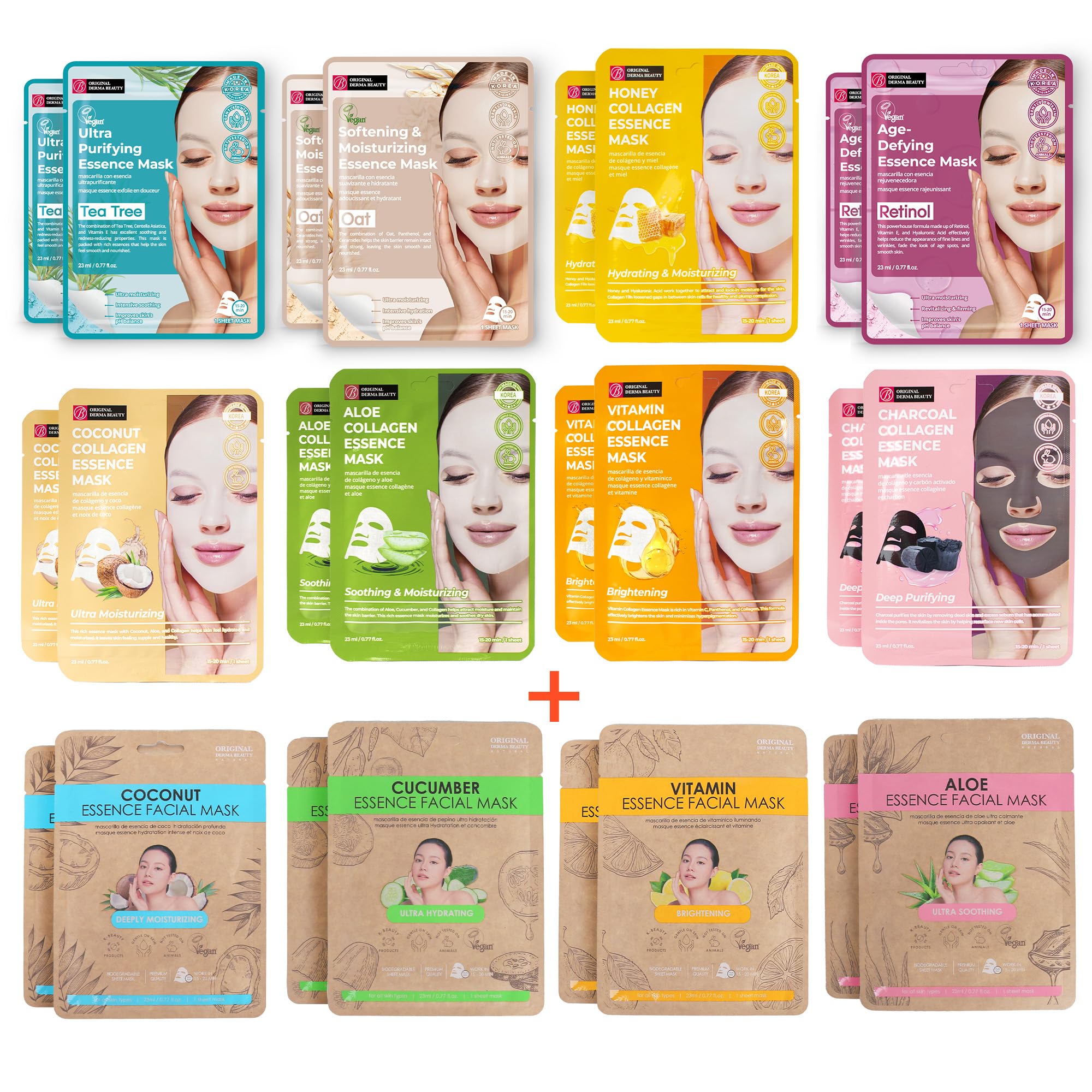 Innerest Original Derma Beauty Collagen Face Masks 24 PK Face Mask Skin Care Collagen Essence Sheet Masks Assortment Set for Beauty & Personal Care Korean Face Mask