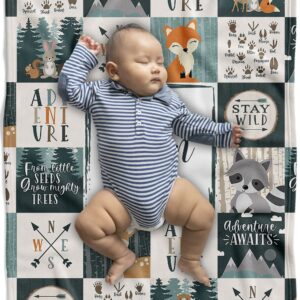 Honestchi Personalized Woodland Baby Blankets for Boys with Name - Repeating Name Custom Baby Blankets - Customized Gifts for Newborn Boy - Soft Fleece