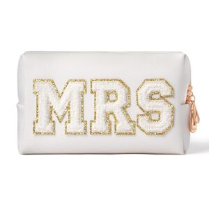 belanttega bride patch mrs cosmetic bag pu leather white letter portable waterproof purse organizer travel toiletry bag engaged makeup bag gift for women girls, gold