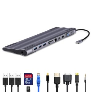 usb c hub, 11 in 1 multiport type c adapter, 4k hdmi, vga, rj45 gigabit ethernet, mini dp displayport, type c pd, 3 usb 3.0, 3.5mm audio, sd/tf card reader for macbook pro/air, ipad pro, etc