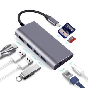 usb c hub, 8 in 1 usb type c adapter with 4k hdmi, rj45 ethernet 1000mbps, 3 usb 3.0, sd/tf card reader, type c pd charging port for macbook pro/air, ipad pro, mac