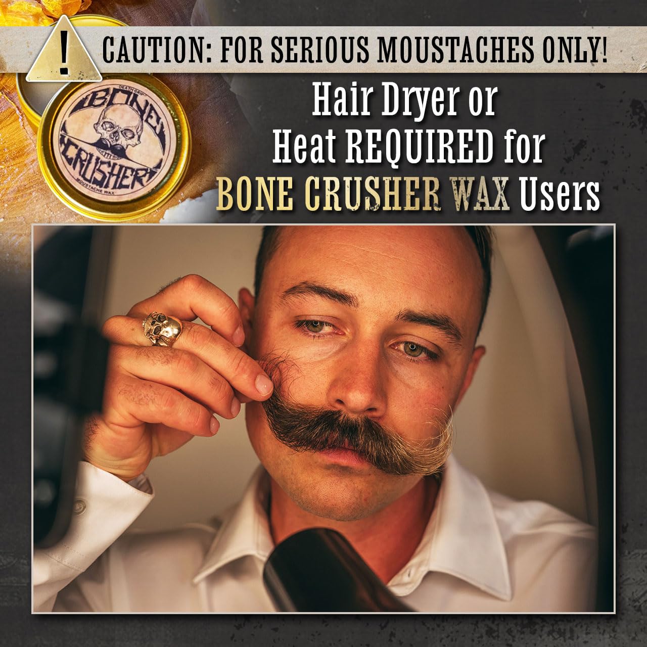 Mustache Wax Extra Strong Hold | 1oz Bone Crusher Moustache & Beard Wax Tin | Grooming For Men | Perfect For Dali Curly English Handlebar Mustaches By Death Grip | Heat Source Required