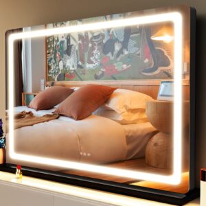 gvnkvn makeup vanity mirror with lights 32" x 24" large led makeup mirror, light up mirror with 10x magnification and usb charging port, with dimmable 3 modes, touch screen control round black