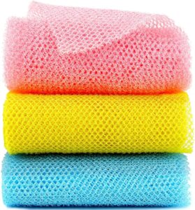 african net sponge long net bath sponge exfoliating shower body scrubber back scrubber skin smoother body exfoliating cloth nylon bathing scrubber for men women for daily use (lake blue pink yellow)