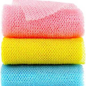 African Net Sponge Long Net Bath Sponge Exfoliating Shower Body Scrubber Back Scrubber Skin Smoother Body Exfoliating Cloth Nylon Bathing Scrubber for Men Women for Daily Use (Lake Blue Pink Yellow)