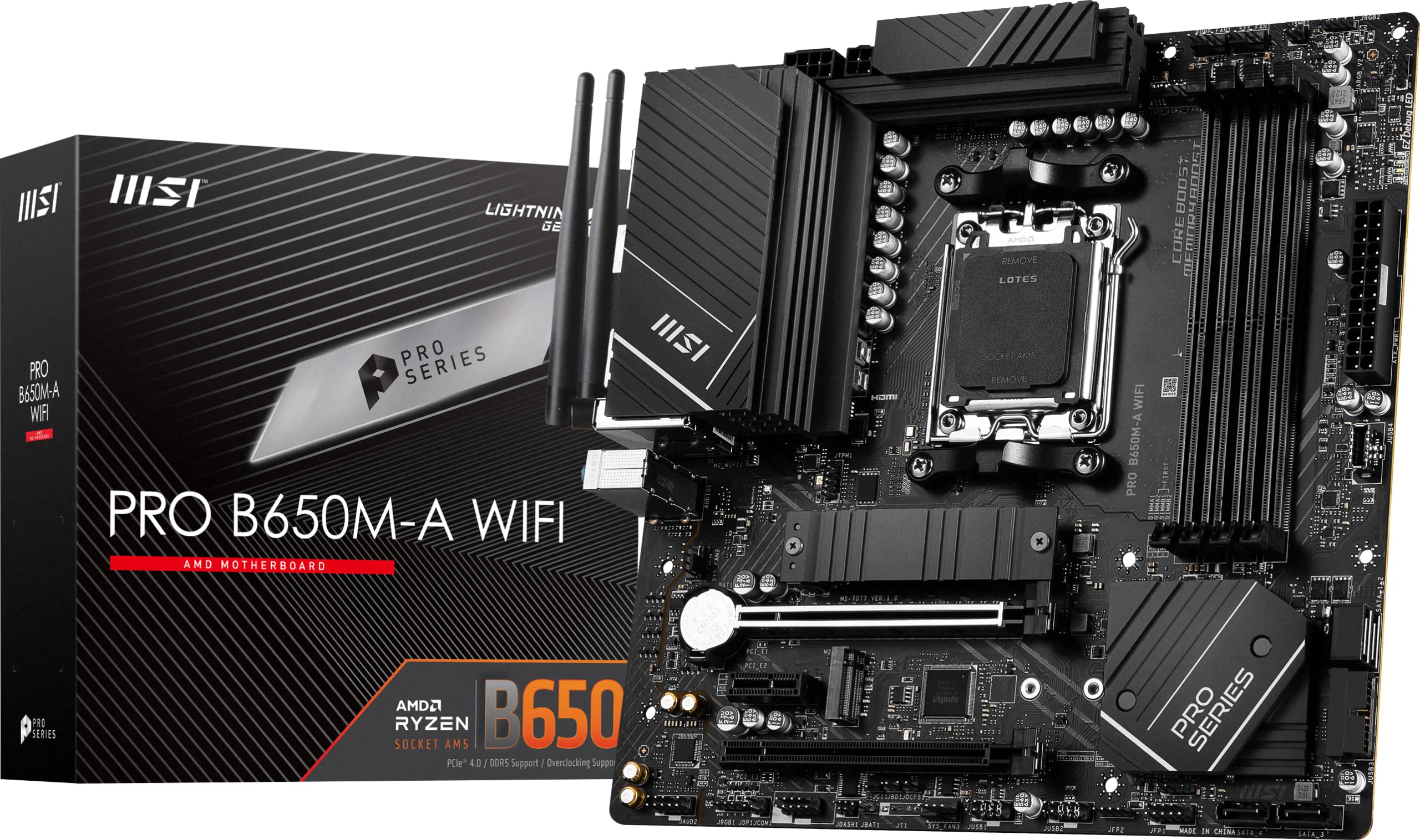 MSI PRO B650M-A WiFi ProSeries Motherboard (AMD Ryzen 9000/8000/7000 Series Processors, AM5, DDR5, PCIe 4.0, M.2, SATA 6Gb/s, USB 3.2 Gen 2, HDMI/DP, Wi-Fi 6E, Bluetooth 5.3, 2.5Gbps LAN, mATX)