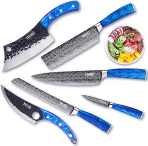 jikko new reinforced carbon steel japanese kitchen knife set – diamondrazor series – ultra sharp japanese knife set & chef knife set with ocean blue handles – professional chef's knives