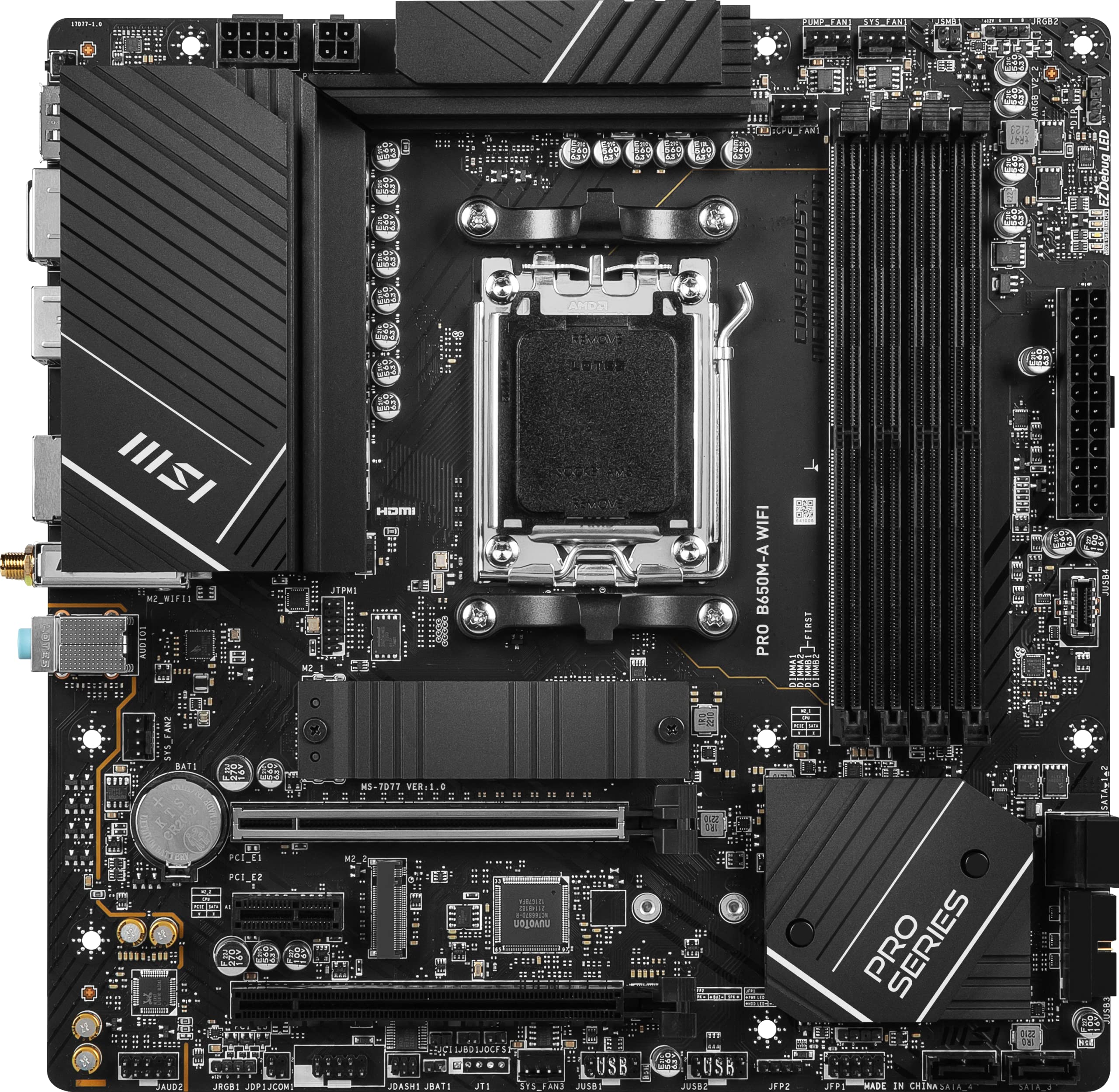 MSI PRO B650M-A WiFi ProSeries Motherboard (AMD Ryzen 9000/8000/7000 Series Processors, AM5, DDR5, PCIe 4.0, M.2, SATA 6Gb/s, USB 3.2 Gen 2, HDMI/DP, Wi-Fi 6E, Bluetooth 5.3, 2.5Gbps LAN, mATX)