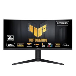 asus tuf gaming 34” ultra-wide curved hdr monitor (vg34vqel1a) - 21:9, uwqhd (3440 x 1440), 100hz, extreme low motion blur, freesync, 1ms, displayport, hdmi, usb, tripod socket, height adjustable