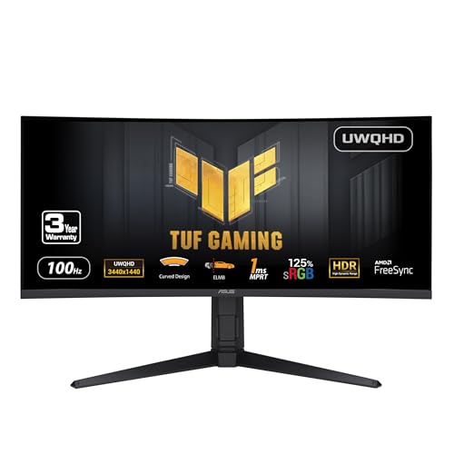 ASUS TUF Gaming 34” Ultra-Wide Curved HDR Monitor (VG34VQEL1A) - 21:9, UWQHD (3440 x 1440), 100Hz, Extreme Low Motion Blur, FreeSync, 1ms, DisplayPort, HDMI, USB, Tripod Socket, Height Adjustable