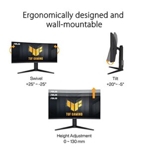 ASUS TUF Gaming 34” Ultra-Wide Curved HDR Monitor (VG34VQEL1A) - 21:9, UWQHD (3440 x 1440), 100Hz, Extreme Low Motion Blur, FreeSync, 1ms, DisplayPort, HDMI, USB, Tripod Socket, Height Adjustable