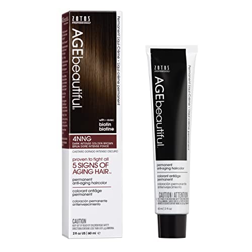 AGE beautiful Permanent Hair Color Dye Liqui Creme | 100% Gray Coverage | Anti-Aging Haircolor | Biotin for Thicker, Fuller Hair | Professional Salon Coloring | 4NNG Dark Intense Golden Brown