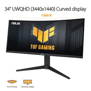 ASUS TUF Gaming 34” Ultra-Wide Curved HDR Monitor (VG34VQEL1A) - 21:9, UWQHD (3440 x 1440), 100Hz, Extreme Low Motion Blur, FreeSync, 1ms, DisplayPort, HDMI, USB, Tripod Socket, Height Adjustable