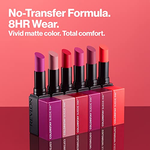 REVLON Lipstick, ColorStay Suede Ink, Built-in Primer, Infused with Vitamin E, Waterproof, Smudge-proof, Matte Color, 015 Lip Boom, 0.09 oz.