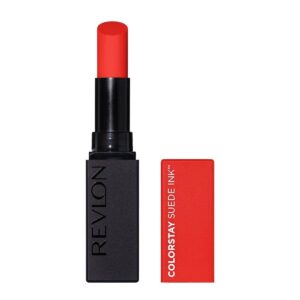 REVLON Lipstick, ColorStay Suede Ink, Built-in Primer, Infused with Vitamin E, Waterproof, Smudge-proof, Matte Color, 007 Feed the Flame, 0.09 oz.