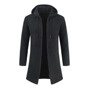 men's zip up long cardigan sweater open front hooded knitted cardigans winter warm longline slim fit knit coat (black,4x-large)